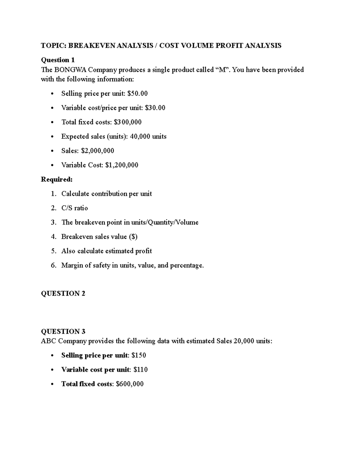 Breakeven Analysis Practice Questions - Chapter 10 - Midterm Exam - Studocu