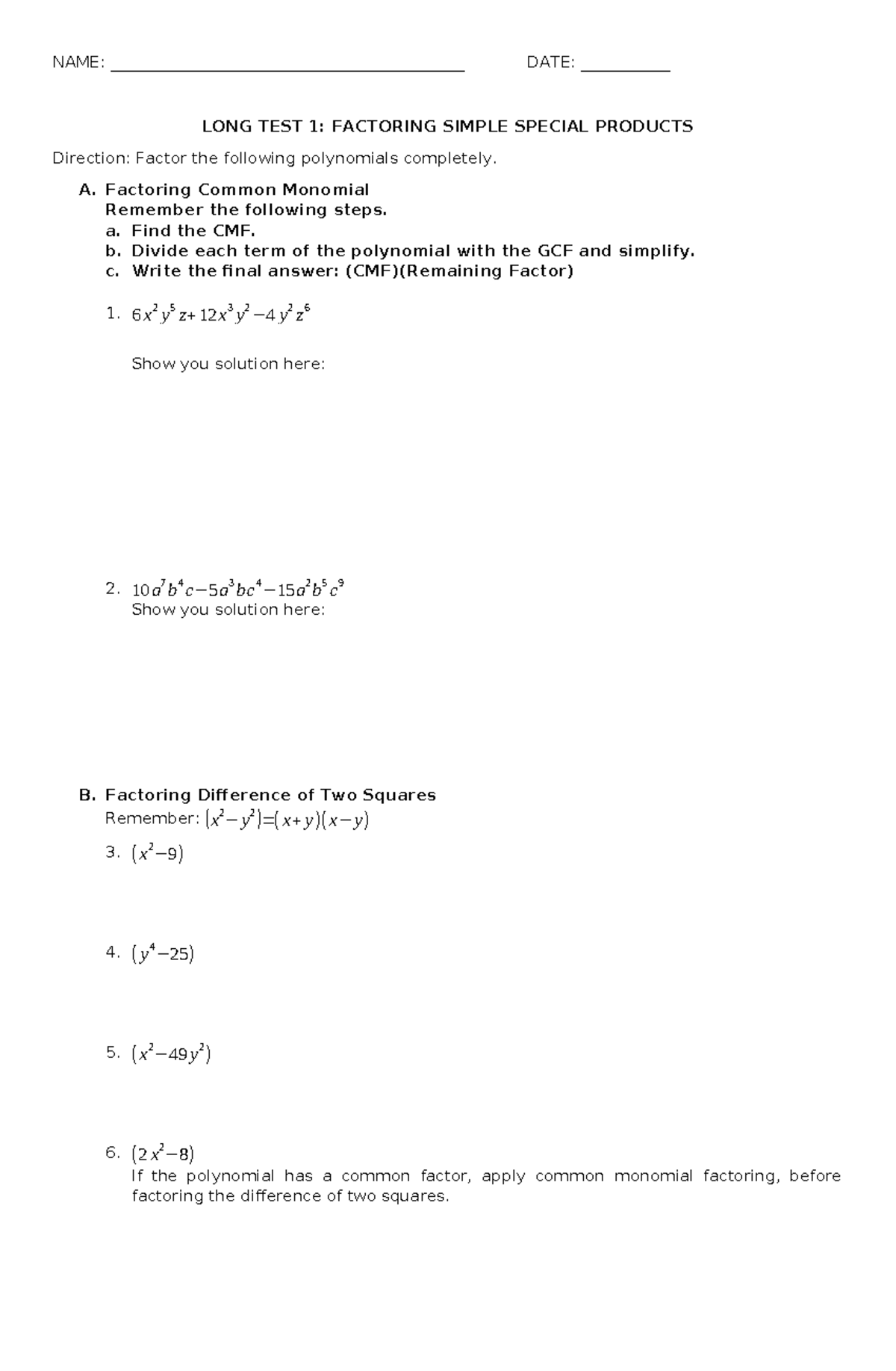Factoring Special Products - Long Test 1 (Math 101) - Studocu