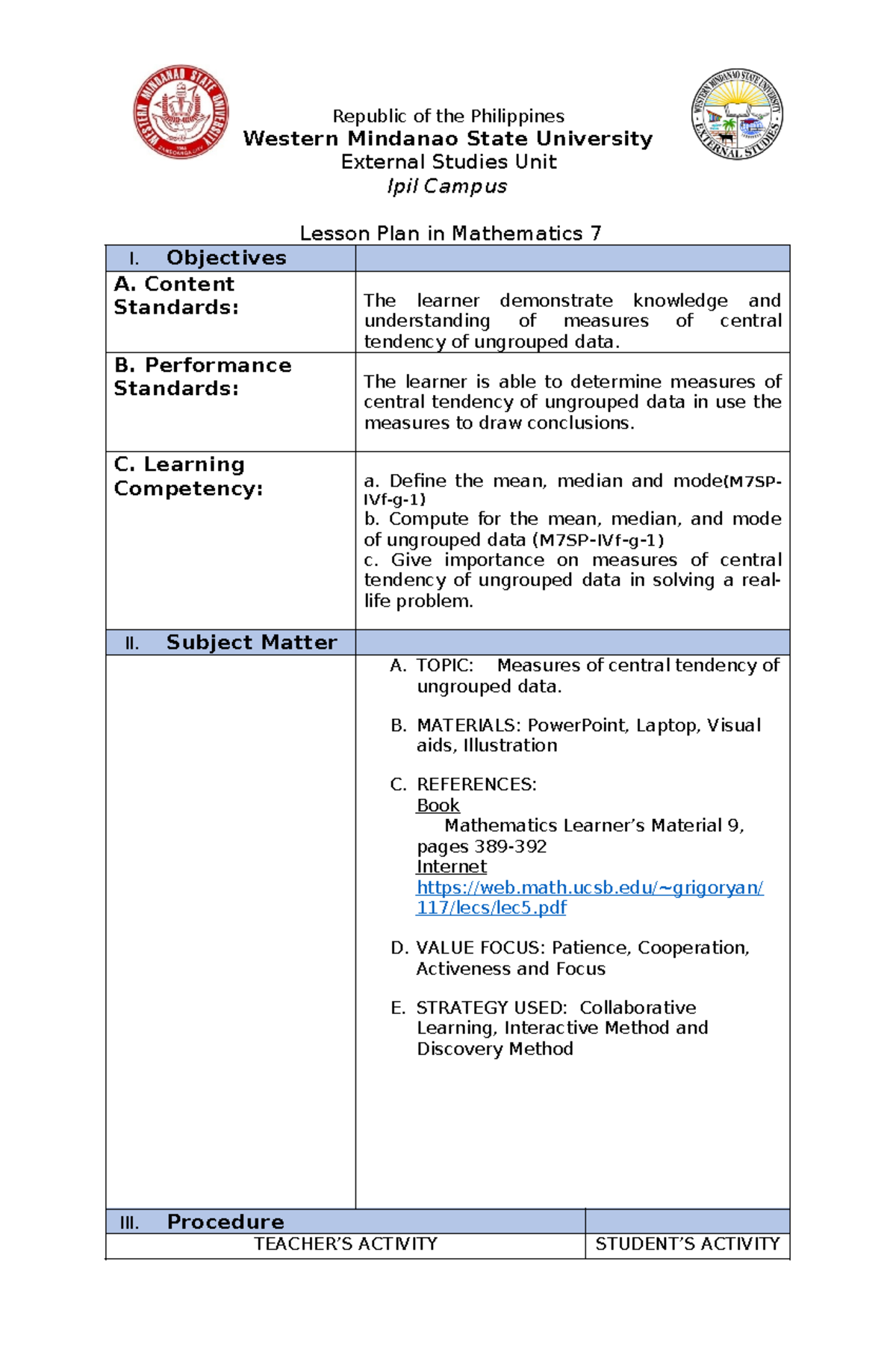 Lesson PLAN Final - ped104 - Republic of the Philippines Western ...