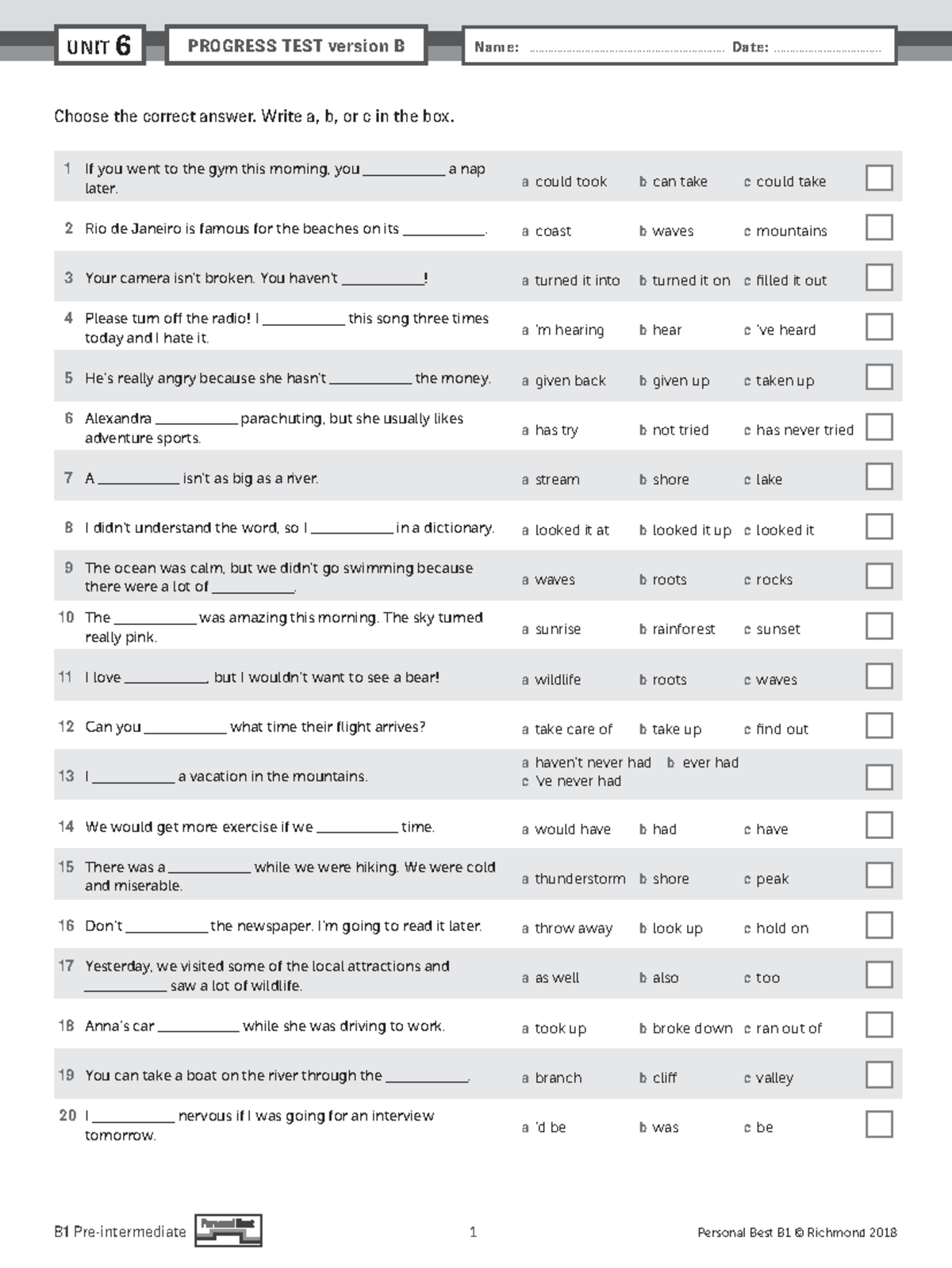 PB Am E B1 Unit Test U6: Progress Test Version B - Studocu