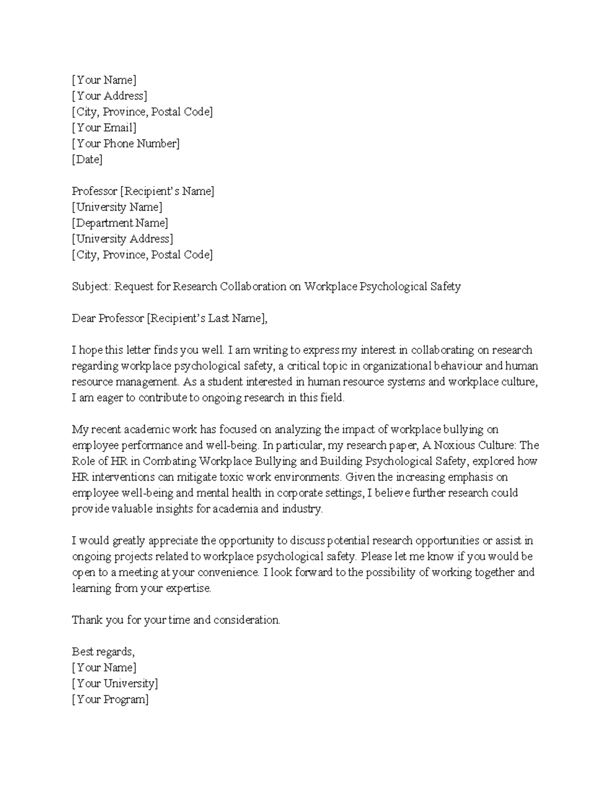 Sample Academic Letter Formatting - [Your Name] [Your Address] [City ...