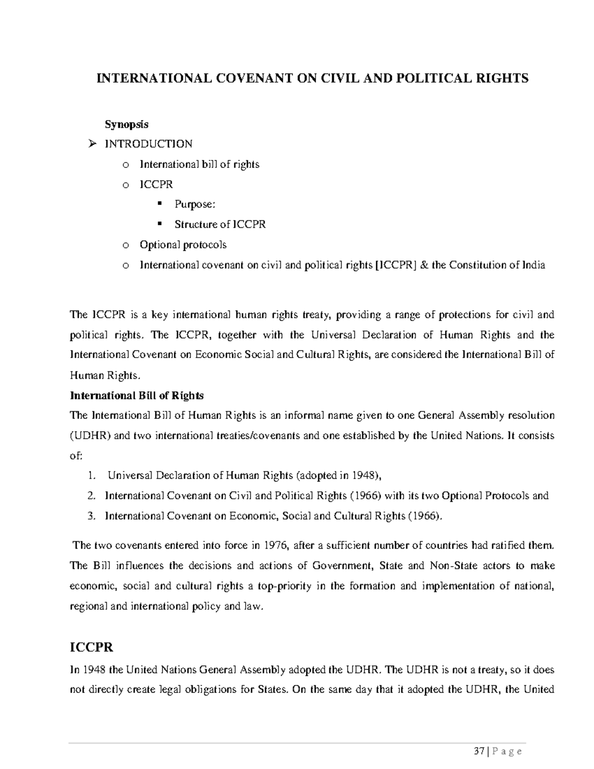 ICCPR - Comprehensive Notes on Civil and Political Rights - Studocu