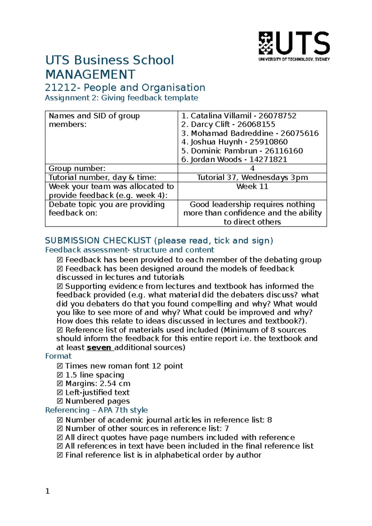 UTS Business School MANAGEMENT People and Organisation Assignment 2 ...