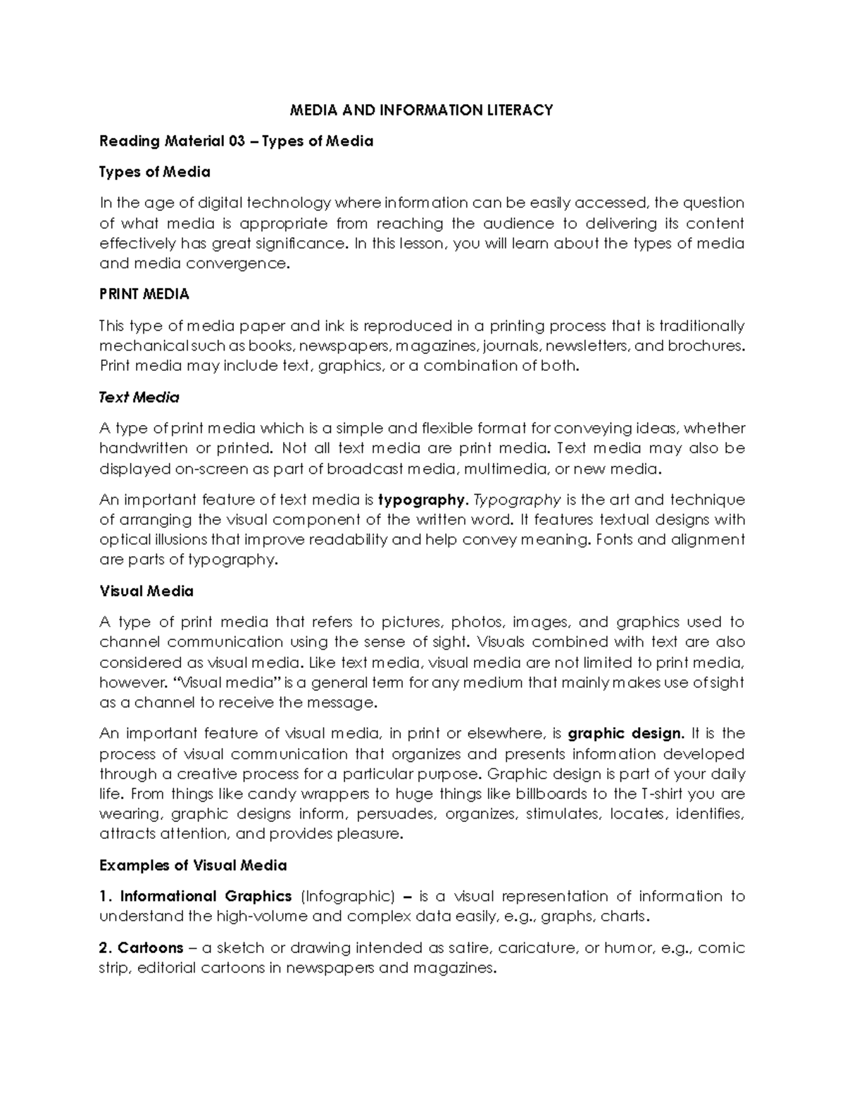 MEDIA AND INFORMATION LITERACY: Reading Material 03 - Types of Media ...