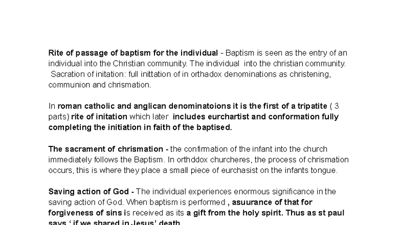 Re notes continued ( baptism) - Rite of passage of baptism for the ...