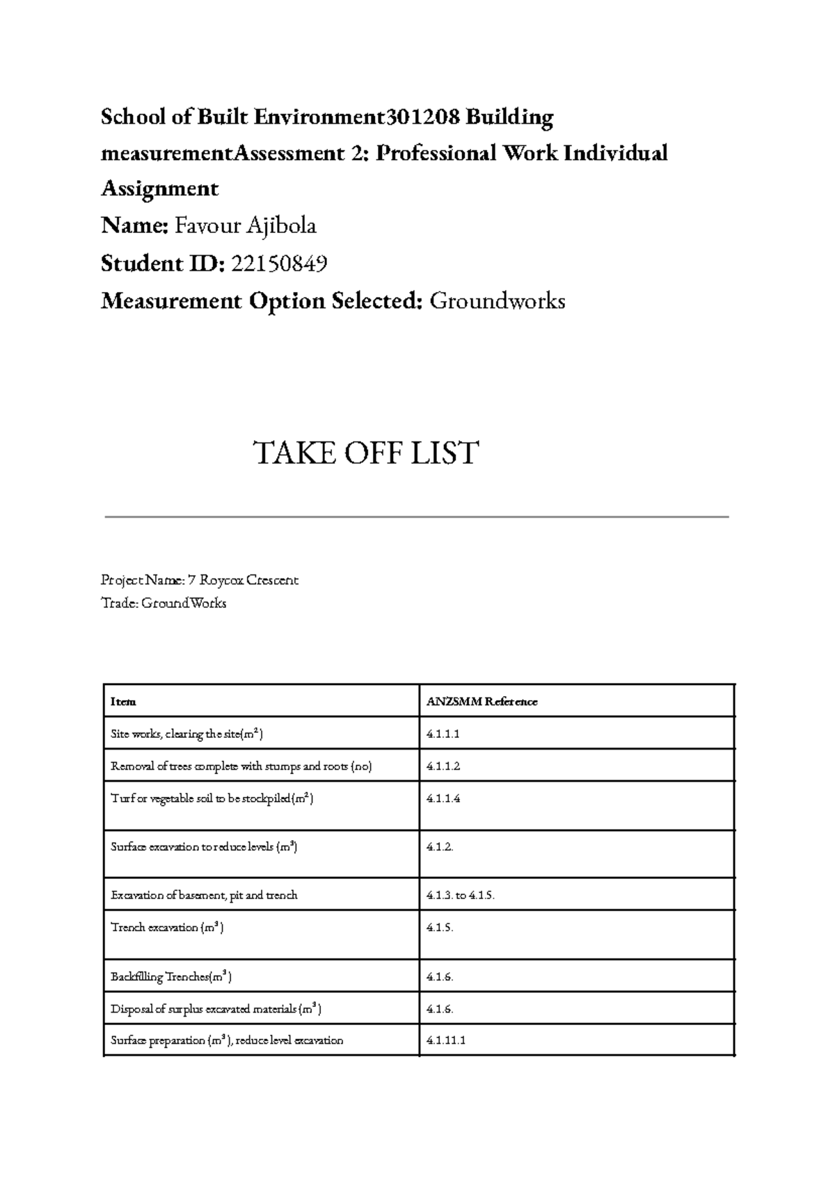 Building Measurement 301208: Assessment 2 Take Off List for Groundworks ...