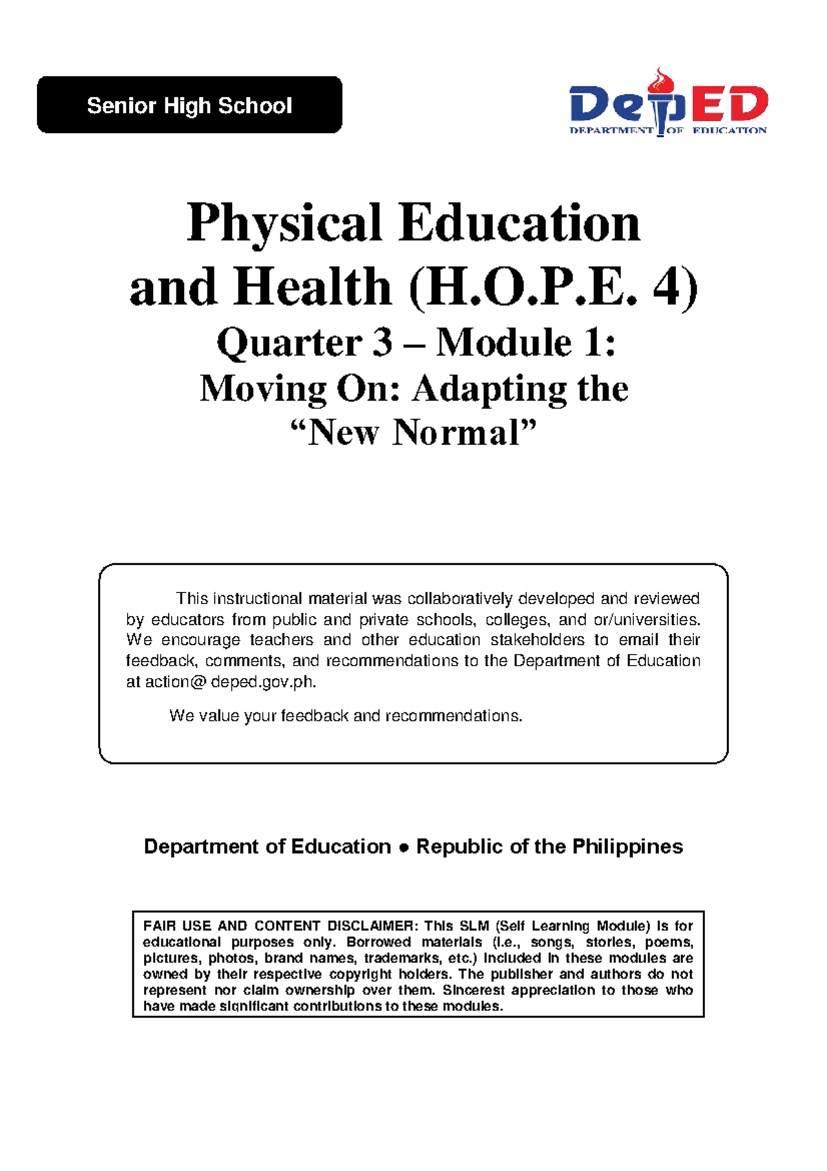 PE 4 Q3 M1-M2 - Module on Adapting to the New Normal in Health - Studocu