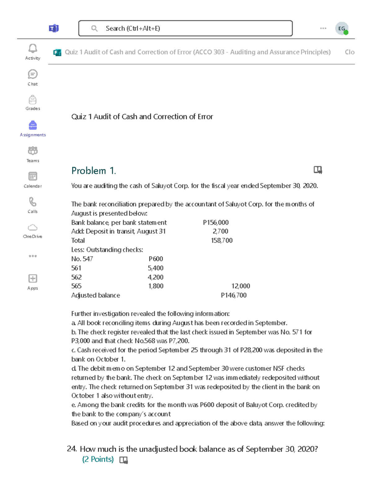 Quiz 1: Audit of Cash & Error Correction (ACCO 303) - Problem 1 - Studocu