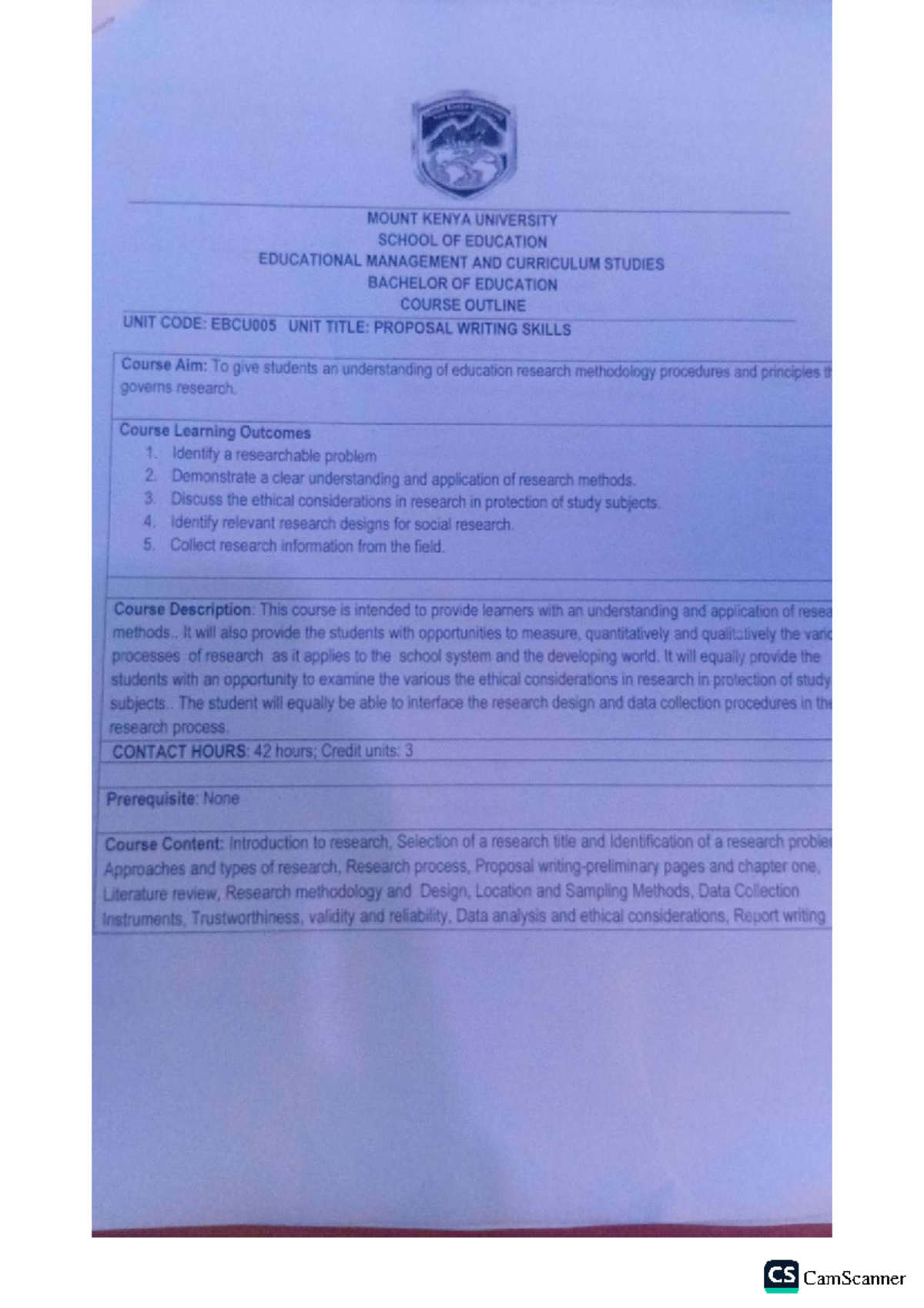 EBCU005 Proposal Writing Skills Course Outline and Learning Outcomes ...