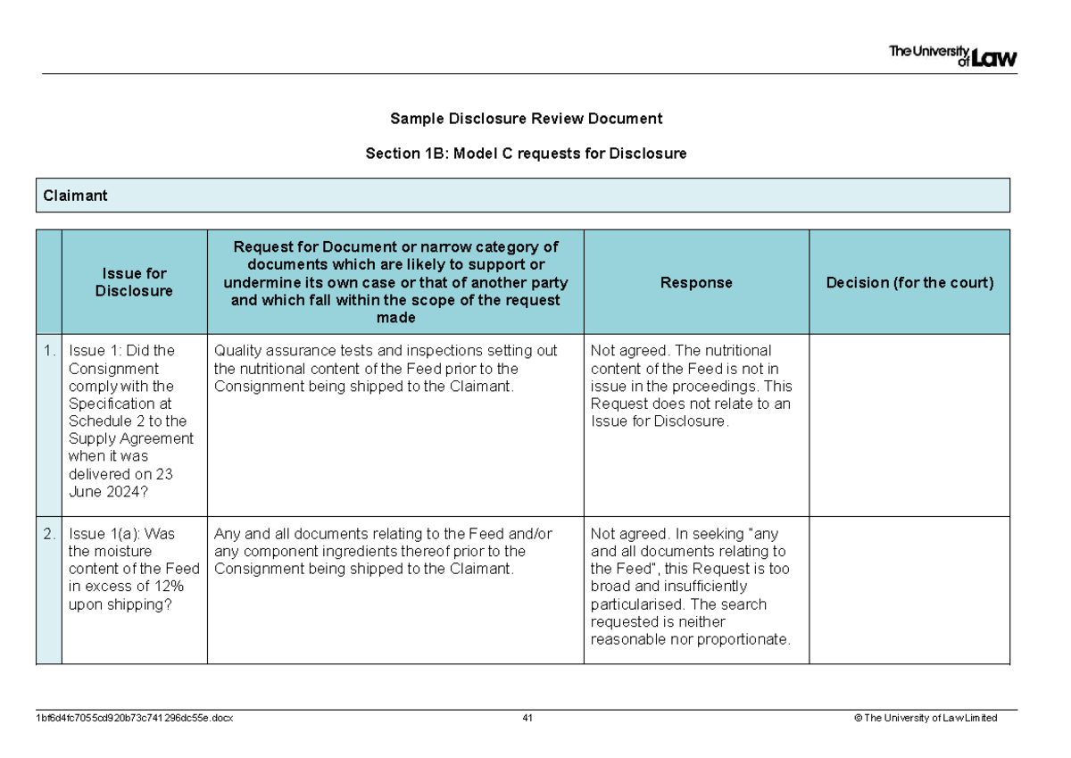 Sample Disclosure Review Document (WS08) - Model C Requests Analysis ...