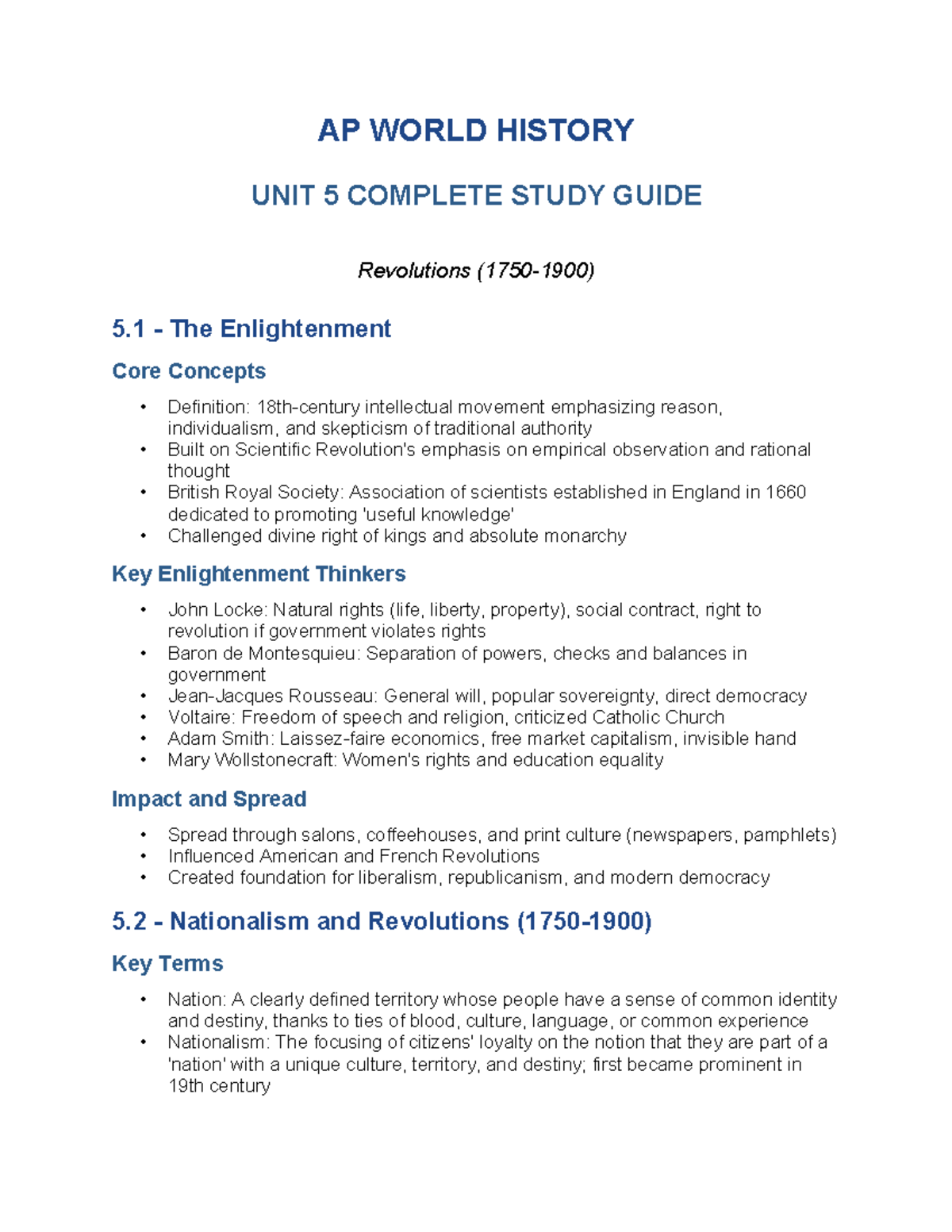 AP WORLD HISTORY UNIT 5 REVOLUTIONS STUDY GUIDE & KEY TERMS - Studocu
