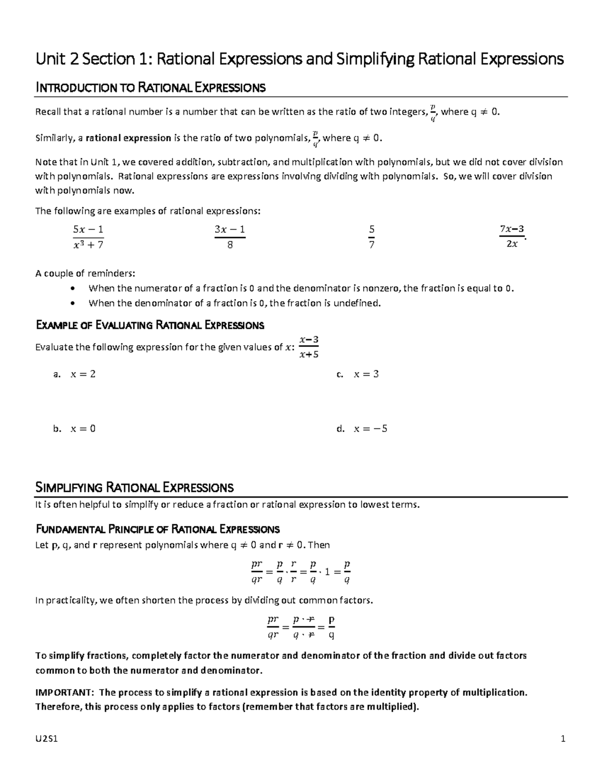 Unit 2 Section 1: Understanding & Simplifying Rational Expressions ...