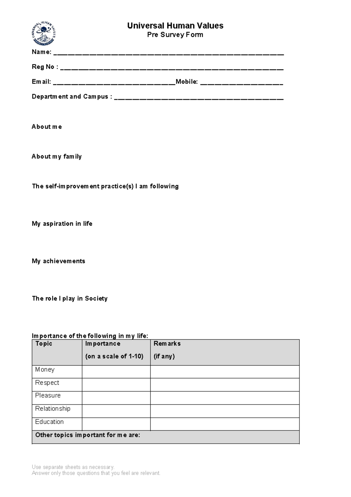 Universal Human Values Pre Survey Form: Insights and Reflections - Studocu