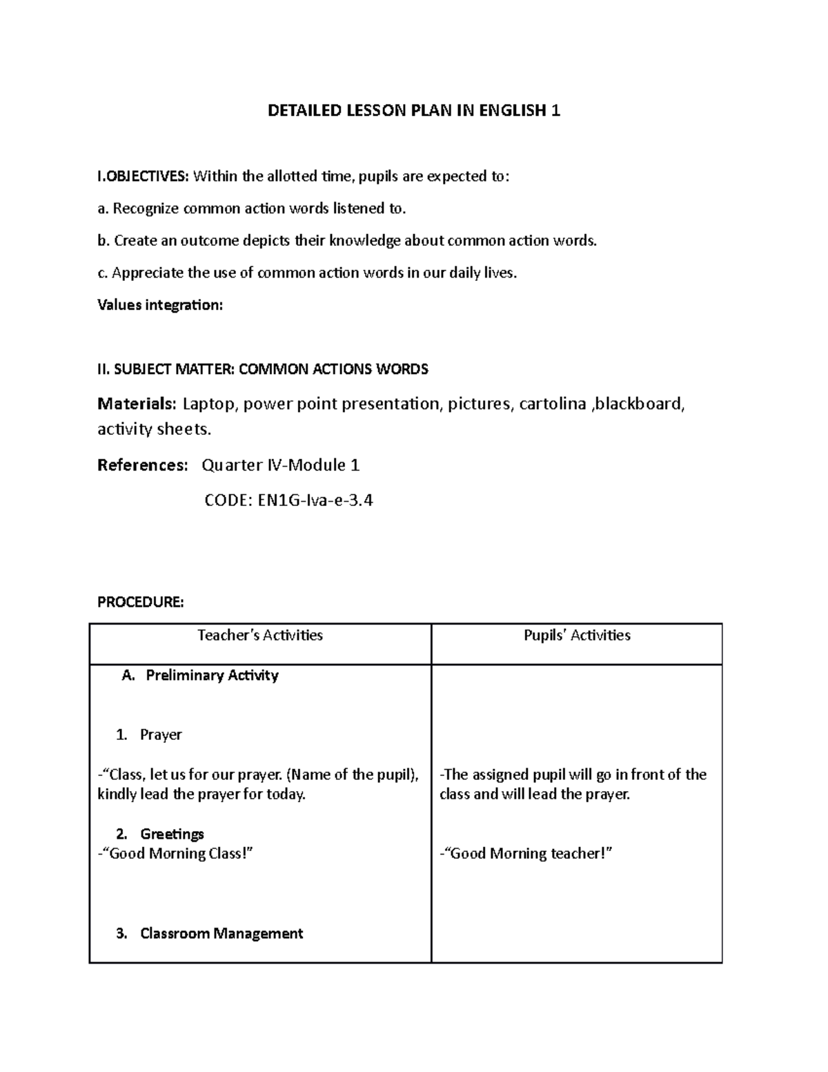 Detailed Lesson PLAN IN English 1 - DETAILED LESSON PLAN IN ENGLISH 1 I ...