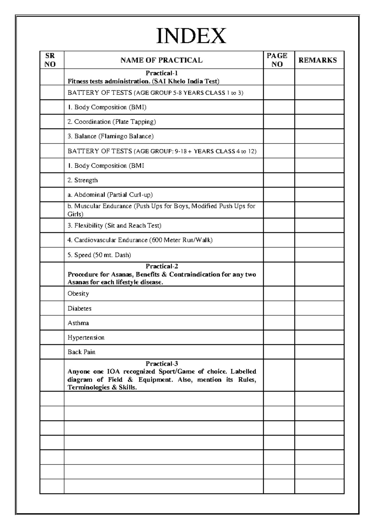 Fitness Tests Administration (SAI Khelo India Test) Index - Studocu