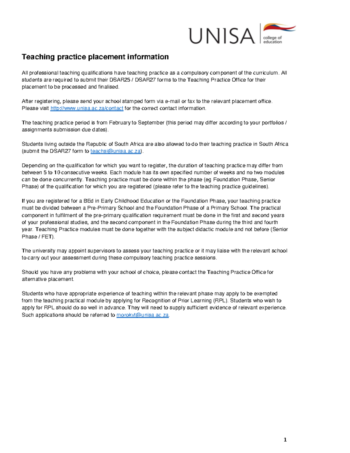 Unisa Teaching Practice Placement Info 2019: Guidelines & Requirements ...