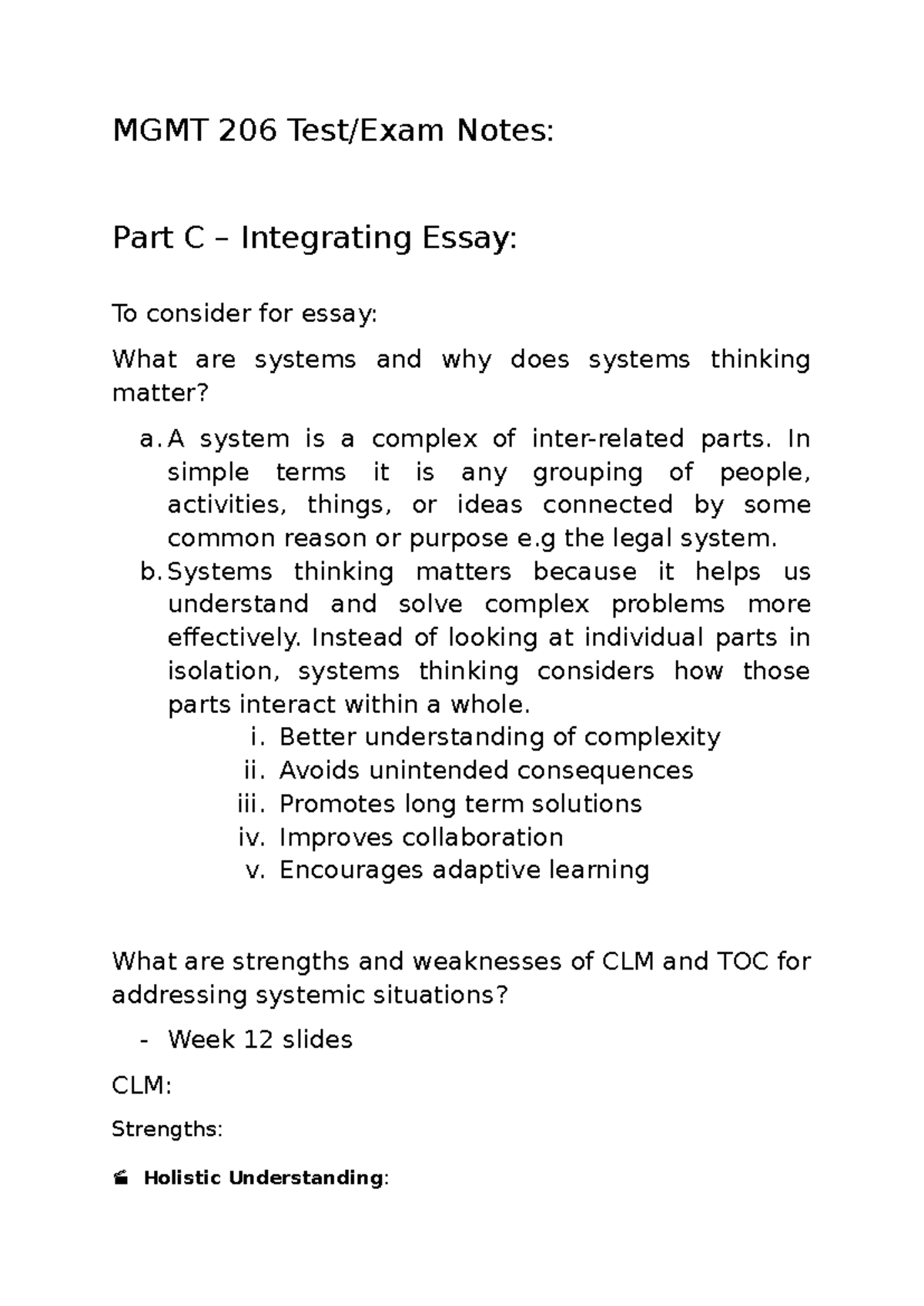MGMT 206 Final Exam Notes: Systems Thinking & CLM vs TOC Analysis - Studocu