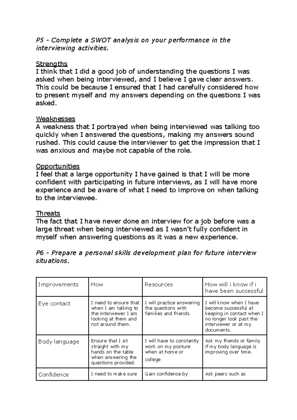 SWOT Analysis & Development Plan for Interview Skills - Assignment 8 ...