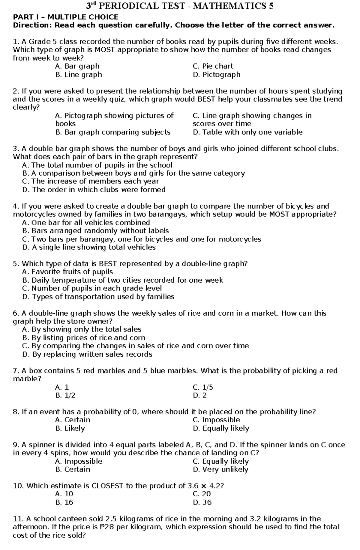 3rd PERIODICAL TEST MATHEMATICS 5 MULTIPLE CHOICE QUESTIONS - Studocu