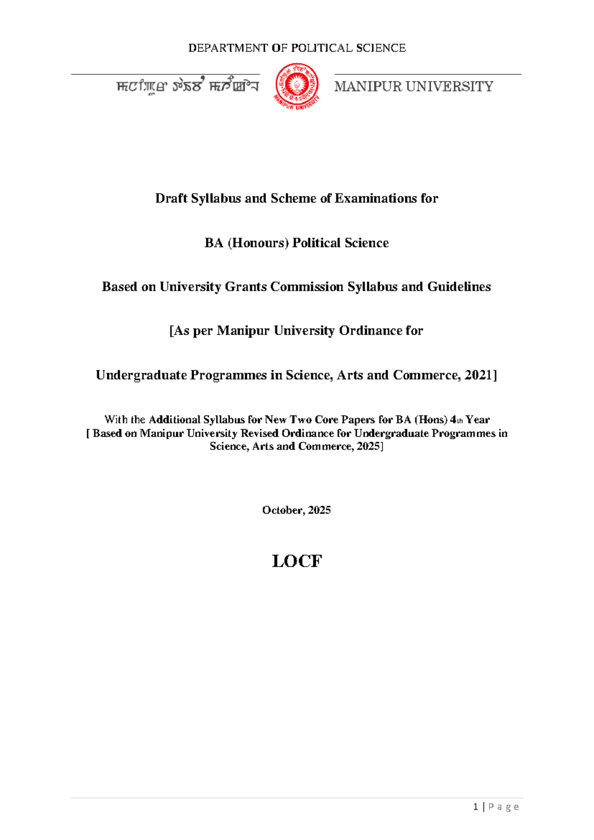 BA (Hons) Political Science: Draft Syllabus & Exam Scheme 2025 - Studocu