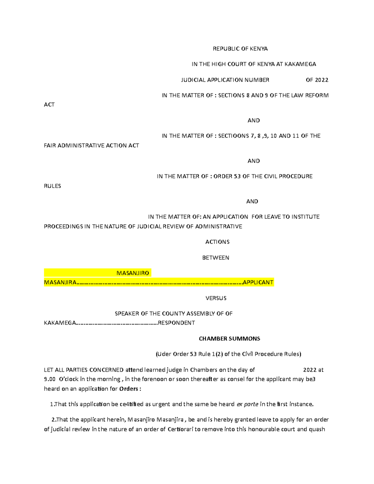 Judicial Review Application - Chamber Summons (High Court 2022) - Studocu