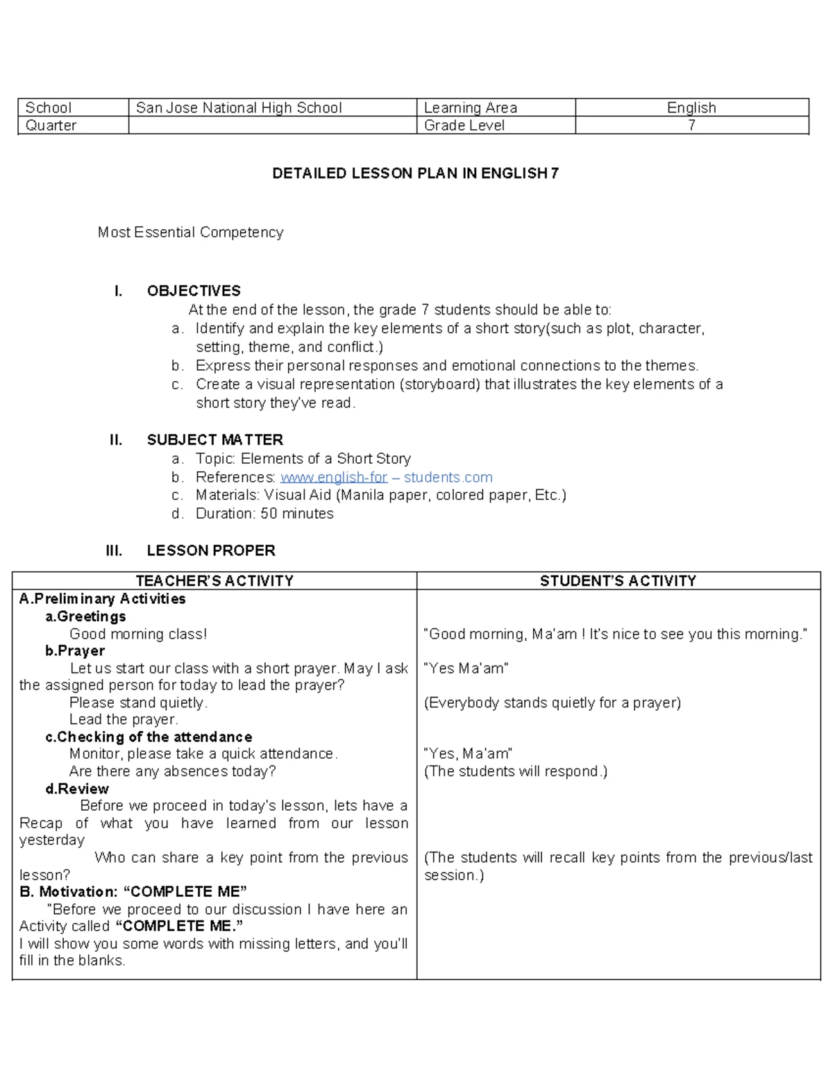 Detailed Lesson Plan: English 7 - Expository Text Structures and ...
