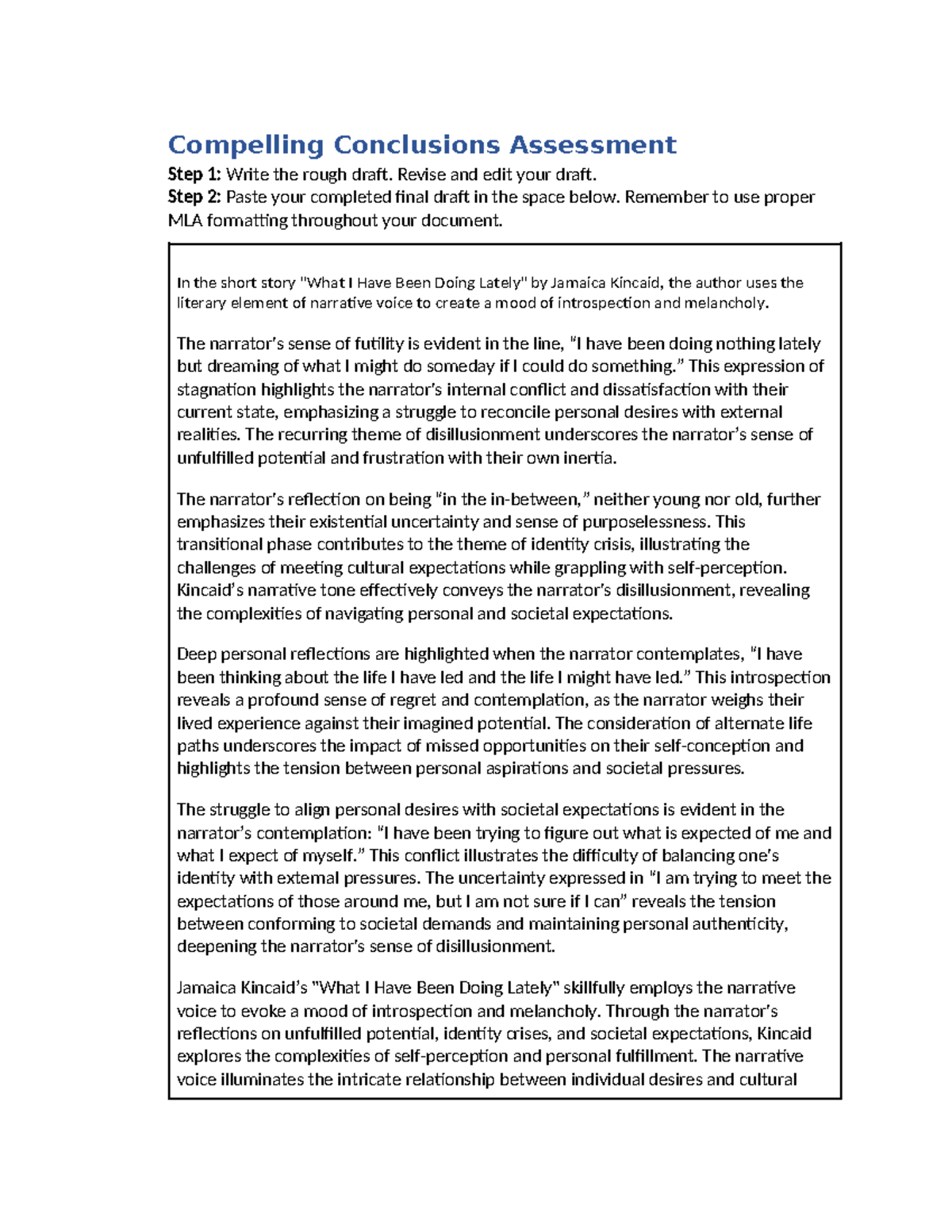 Compelling Conclusions Assessment: A Literary Analysis of Kincaid's ...