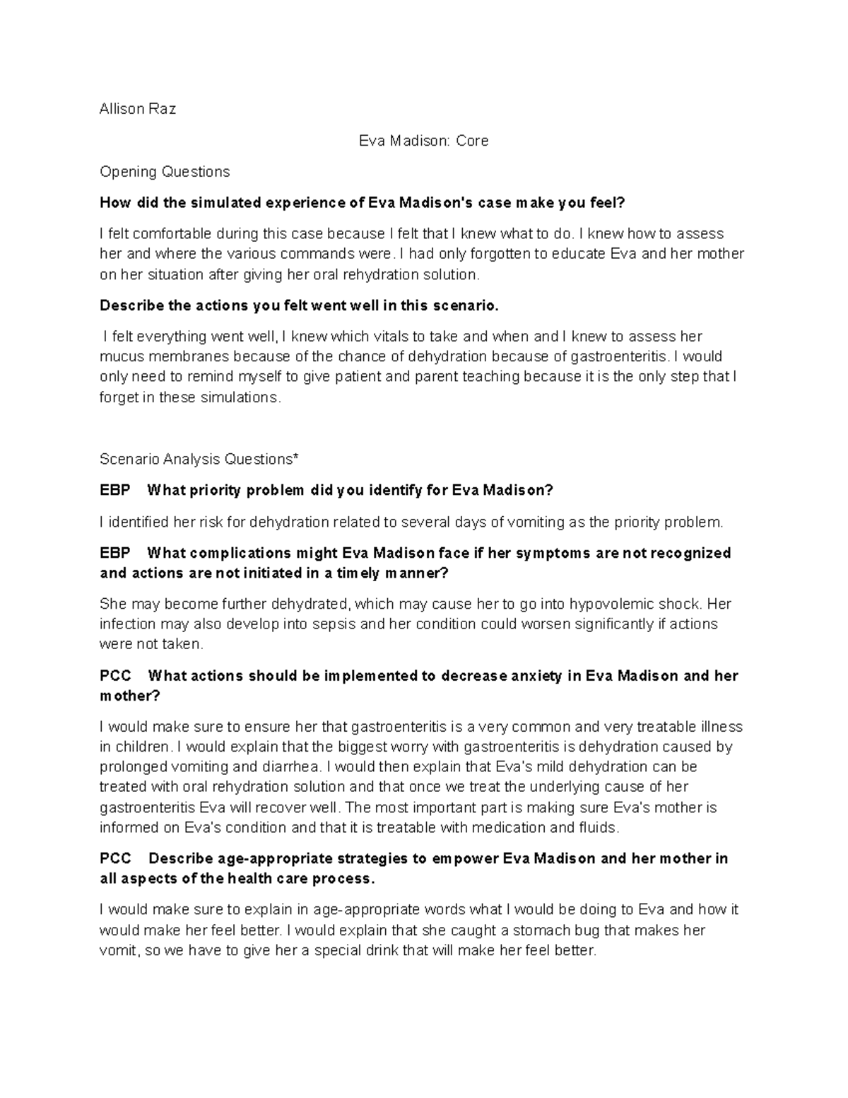 VSIM-EVA Madison Reflection: Gastroenteritis Case Analysis - Studocu