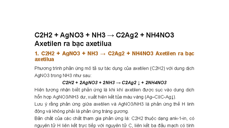 C2H2 AgNO3 NH3 Phản ứng và Tính chất Hóa học của Axetilen - Studocu