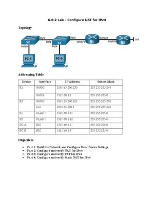 6.8.2 Lab - Configure NAT for IPv4 - Topology Addressing Table Device Interface IP Address ...