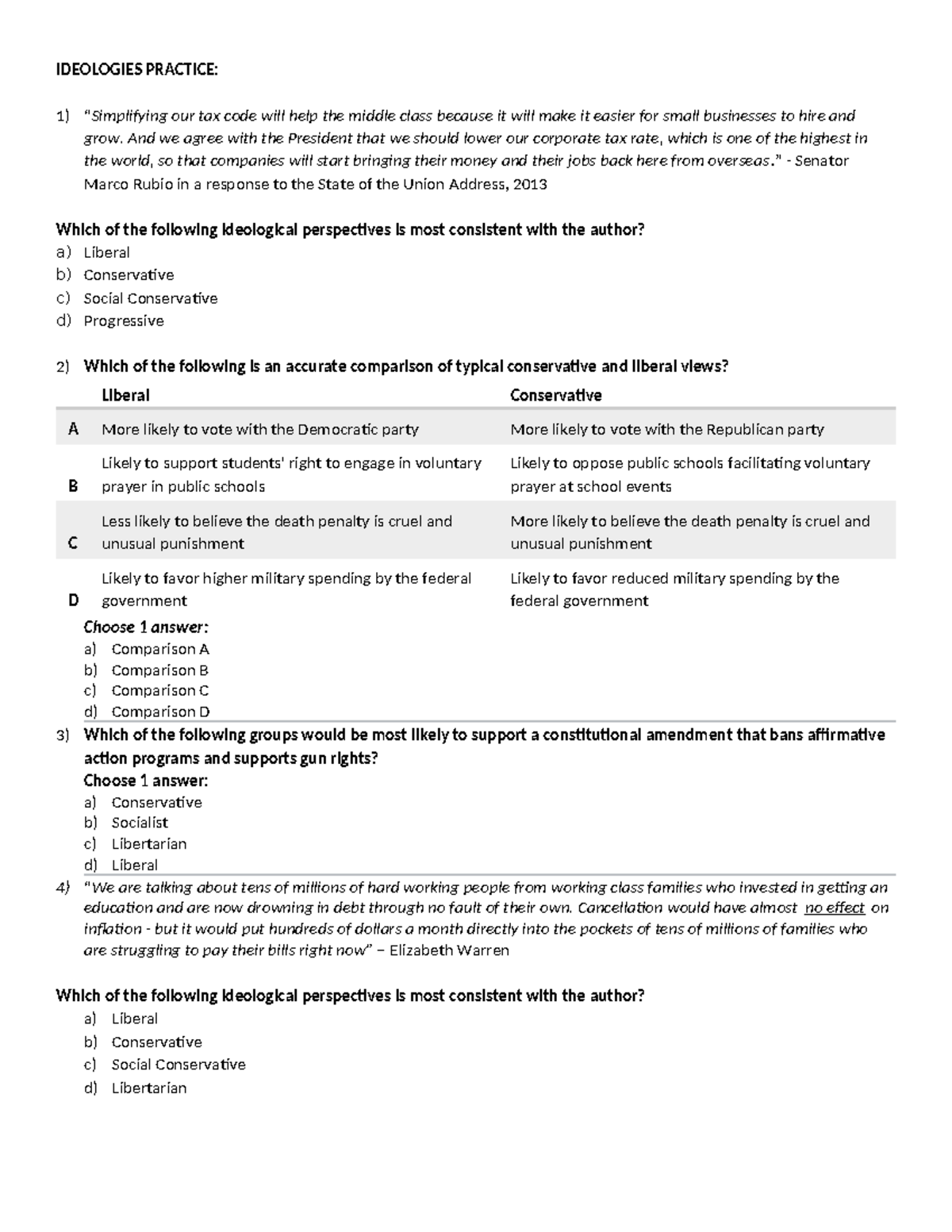 Ideologies Practice: Examining Political Perspectives and Views - Studocu