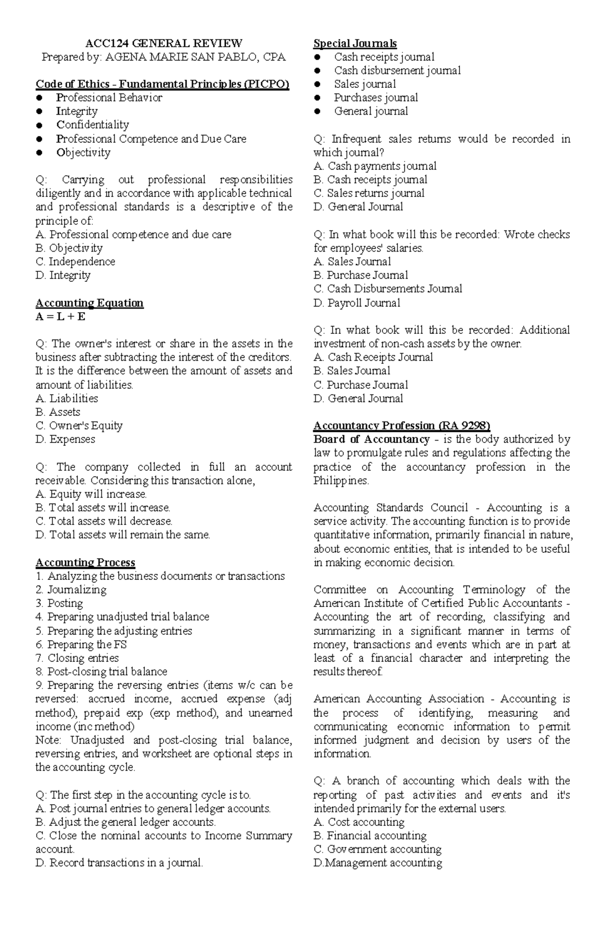 ACC124 GENERAL REVIEW: Key Concepts and Principles in Accounting - Studocu