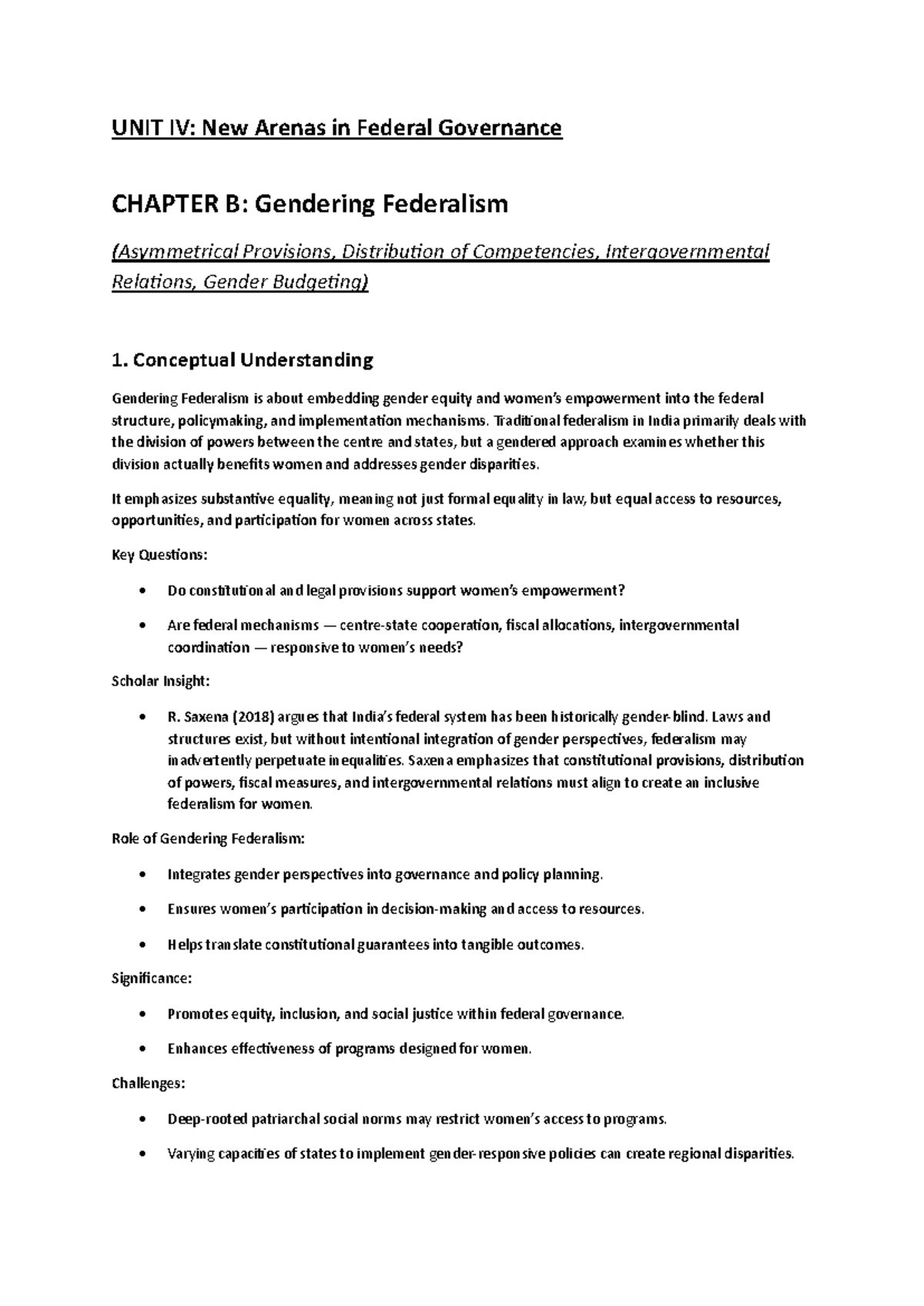 UNIT IV: Gendering Federalism - MA Notes on Asymmetrical Provisions and ...