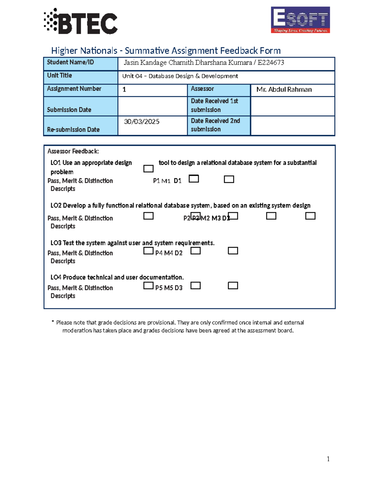 Database Design Development Assignment Feedback - HND Unit 04 - Studocu