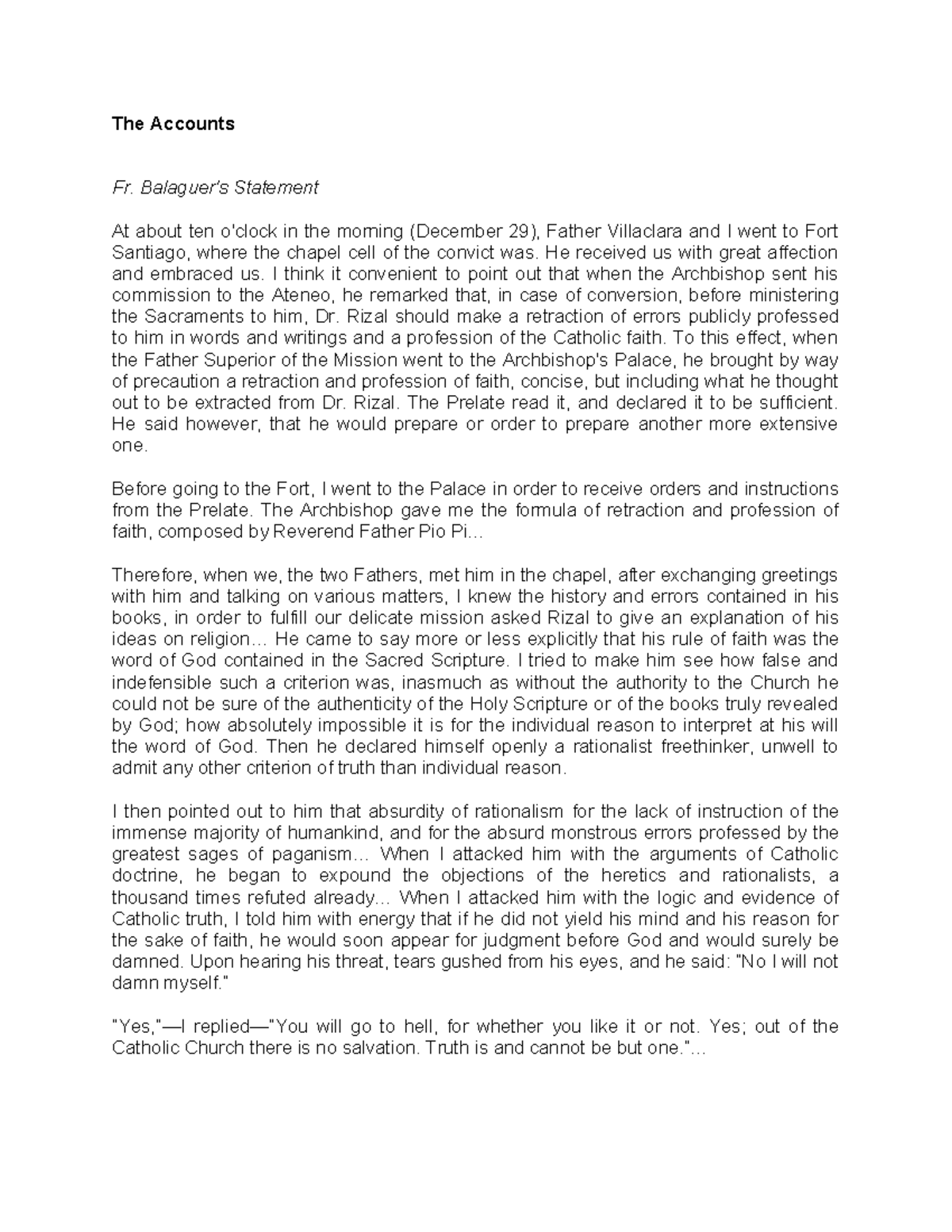 Accounts and Analysis of Father Pio Pi's Role in Rizal's Conversion ...