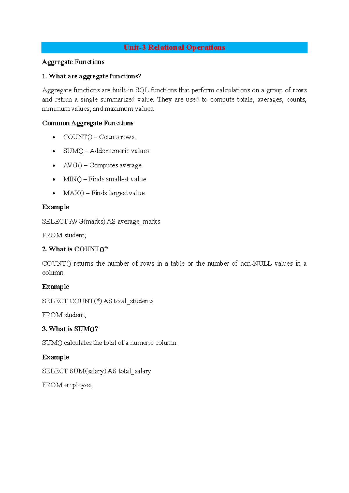 Unit-3 Relational Operations: Key Concepts & VIVA Questions - Studocu