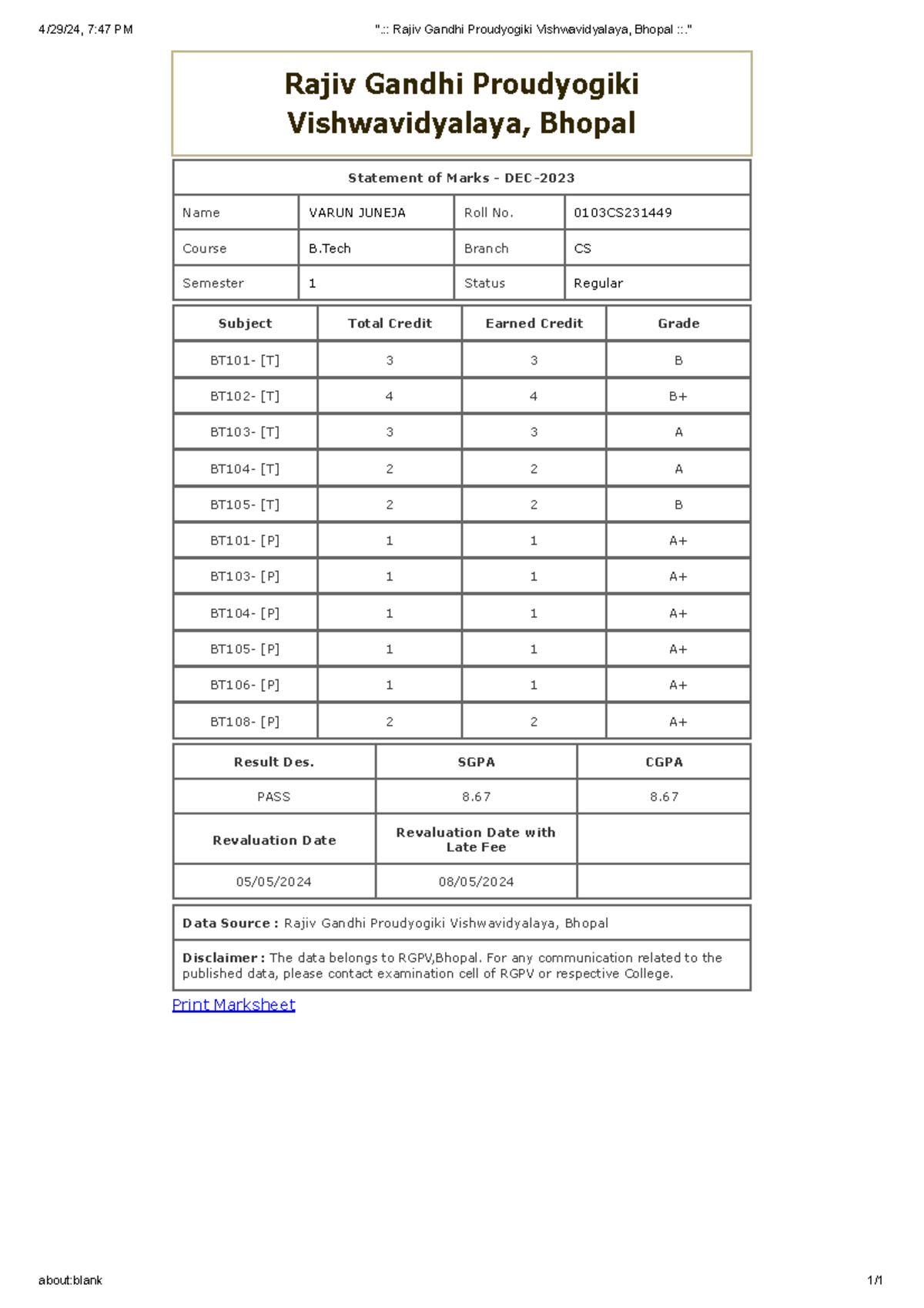 B.Tech 1st Semester Marks Statement - RGPV, Bhopal (Varun Juneja) - Studocu