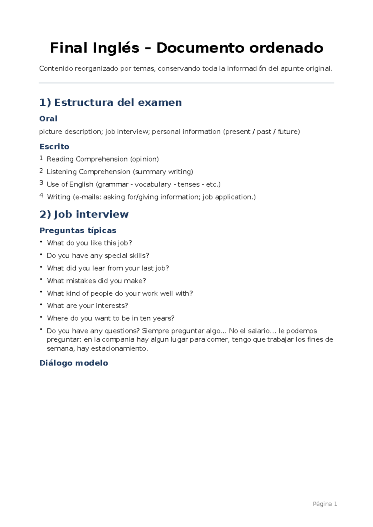 Final Inglés Previo: Estructura y Ejemplos para Examen Oral y Escrito ...
