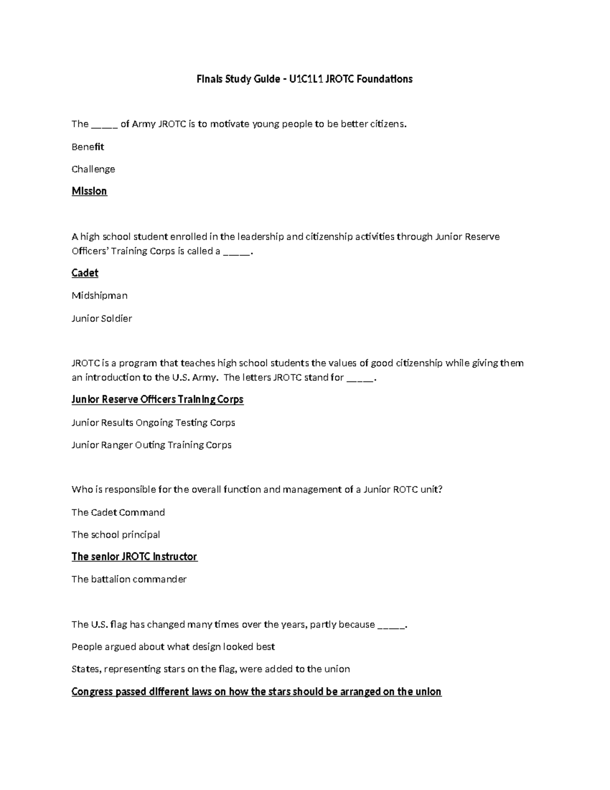Finals Study Guide - U1C1L1 JROTC Foundations Overview and Key Concepts ...