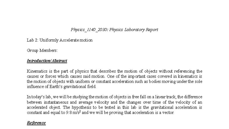 Physics_1140_2030: Lab 2 Report on Uniformly Accelerated Motion - Studocu