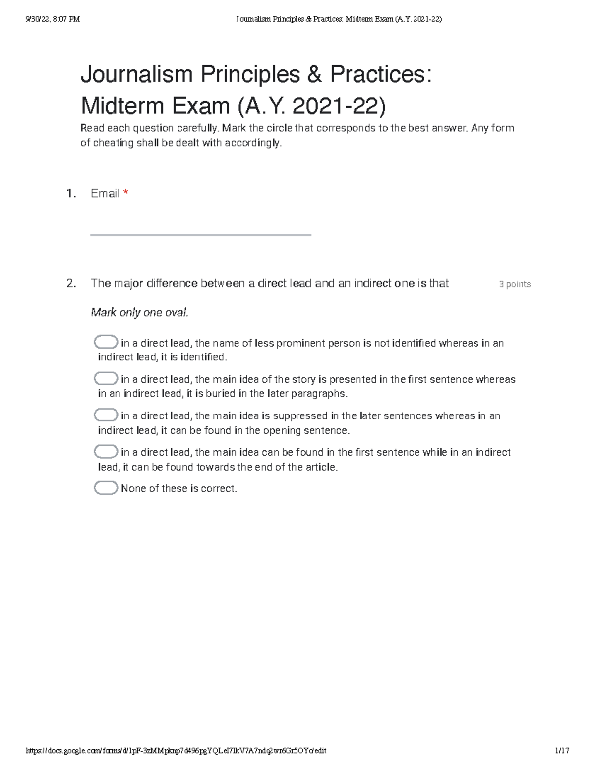 Journalism 101 - Midterm Exam A: Key Principles & Practices - Studocu