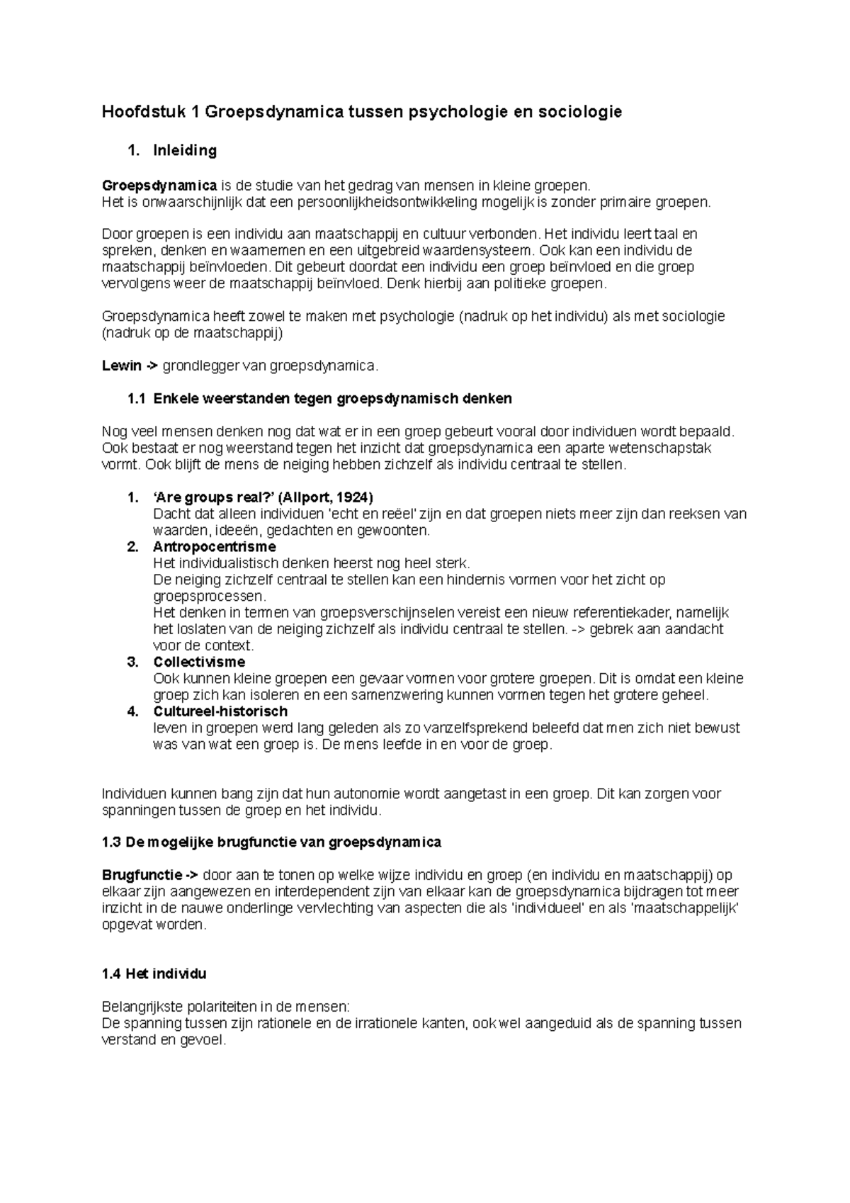 Samenvatting GD - Handboek Groepsdynamica Hoofdstukken 1-4 - Studeersnel