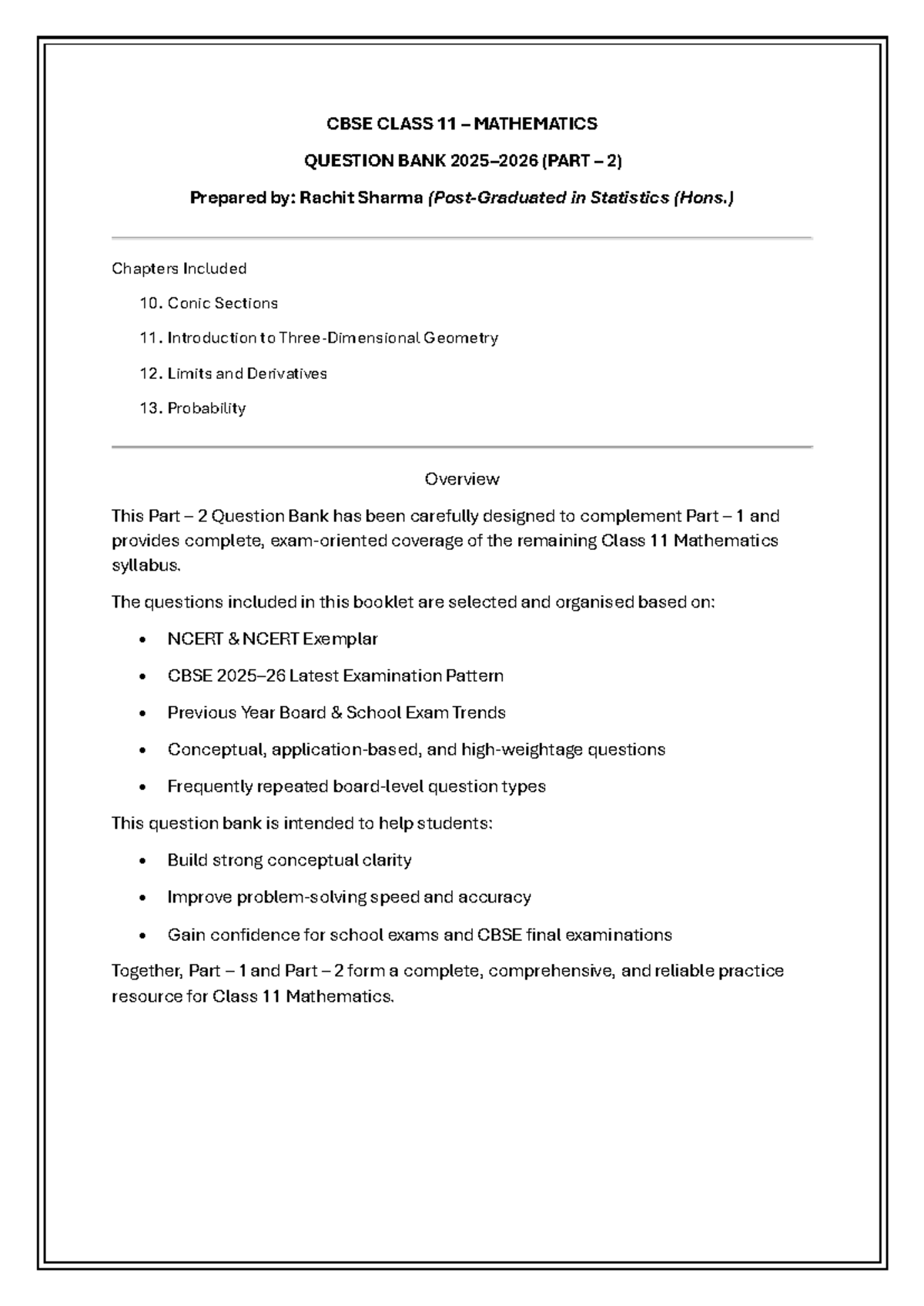 CBSE CLASS 11 MATHEMATICS QUESTION BANK (PART 2) - Practice Resource ...