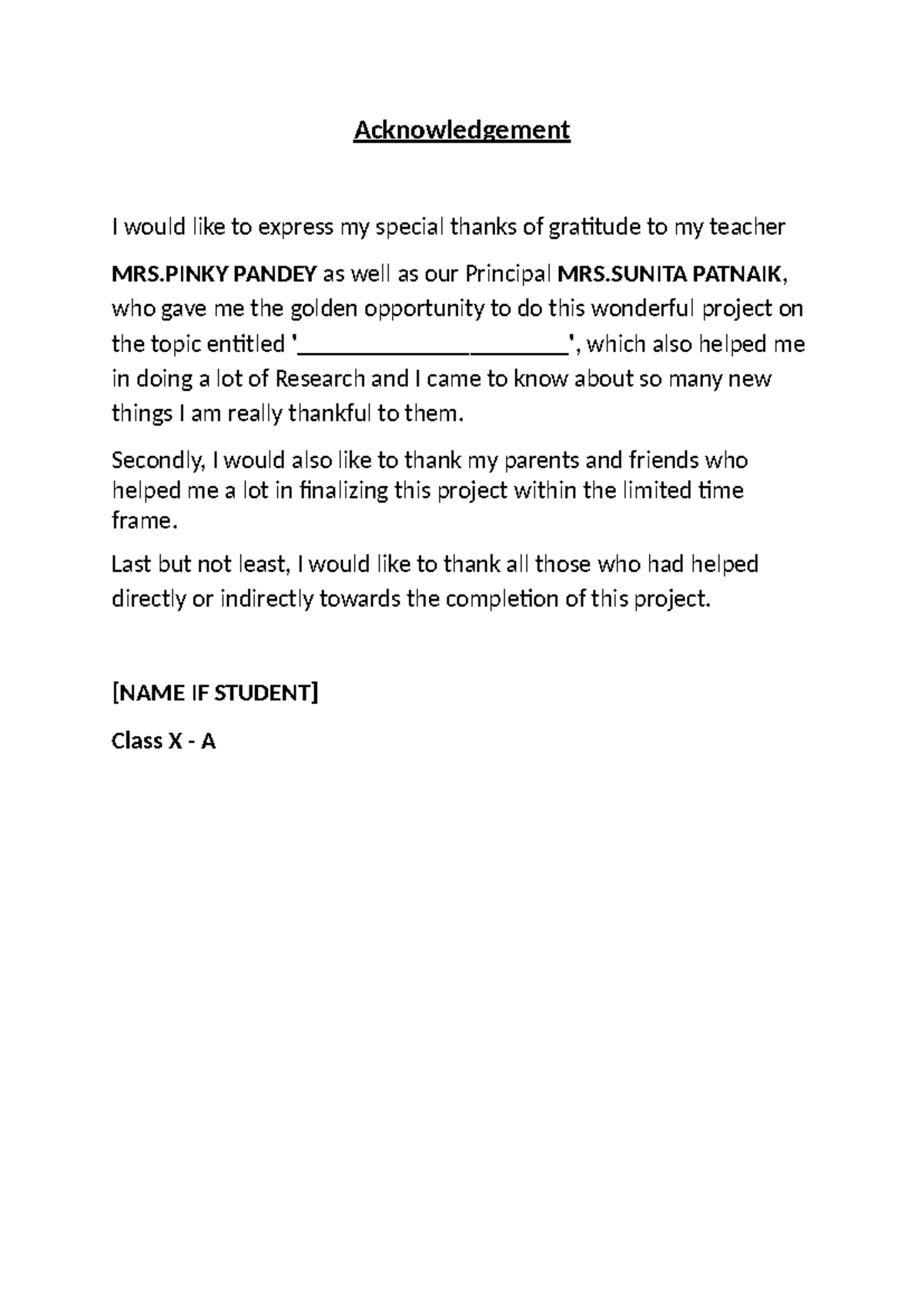 Acknowledgement for Practical File - IF Class X A - Studocu