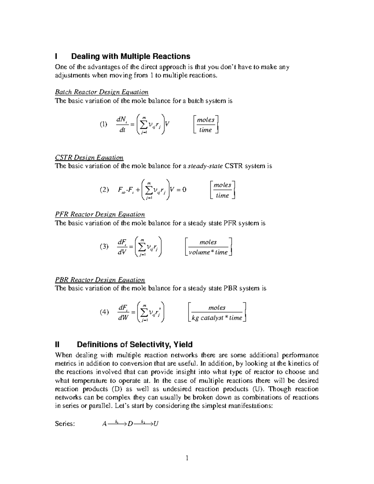 5 - Multiple Reactions: Batch, CSTR, PFR, and PBR Design Equations ...