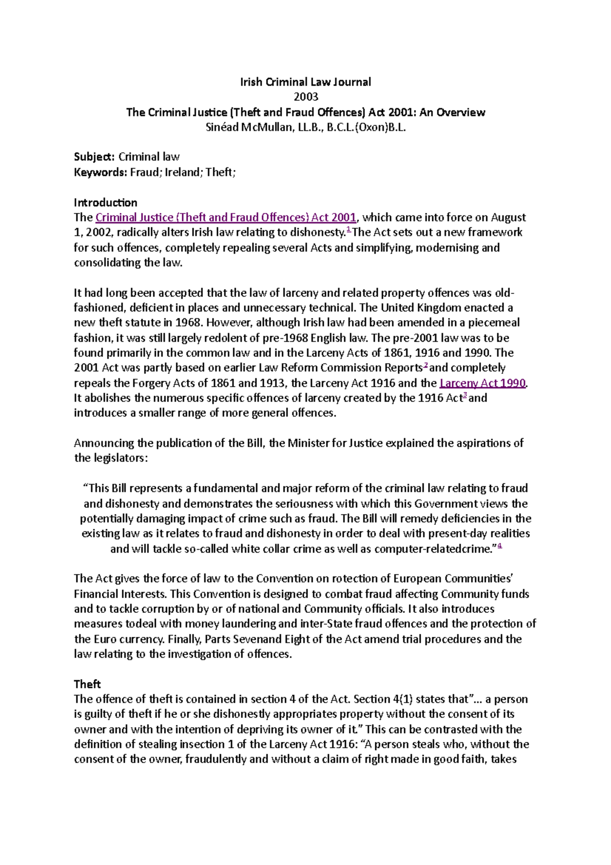 Overview of the Criminal Justice (Theft and Fraud Offences) Act 2001 ...