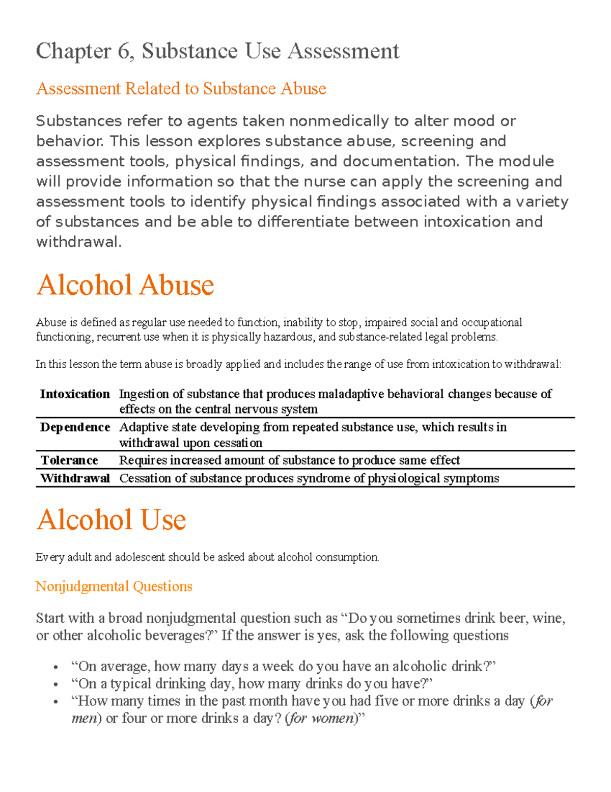 Chapter 6: Substance Use Assessment & Screening Tools for Nurses - Studocu