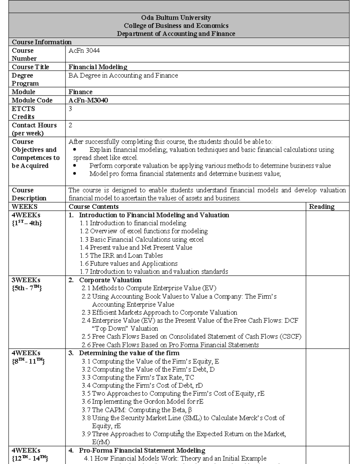 AcFn 3044 Financial Modeling Course Outline and Objectives - Studocu