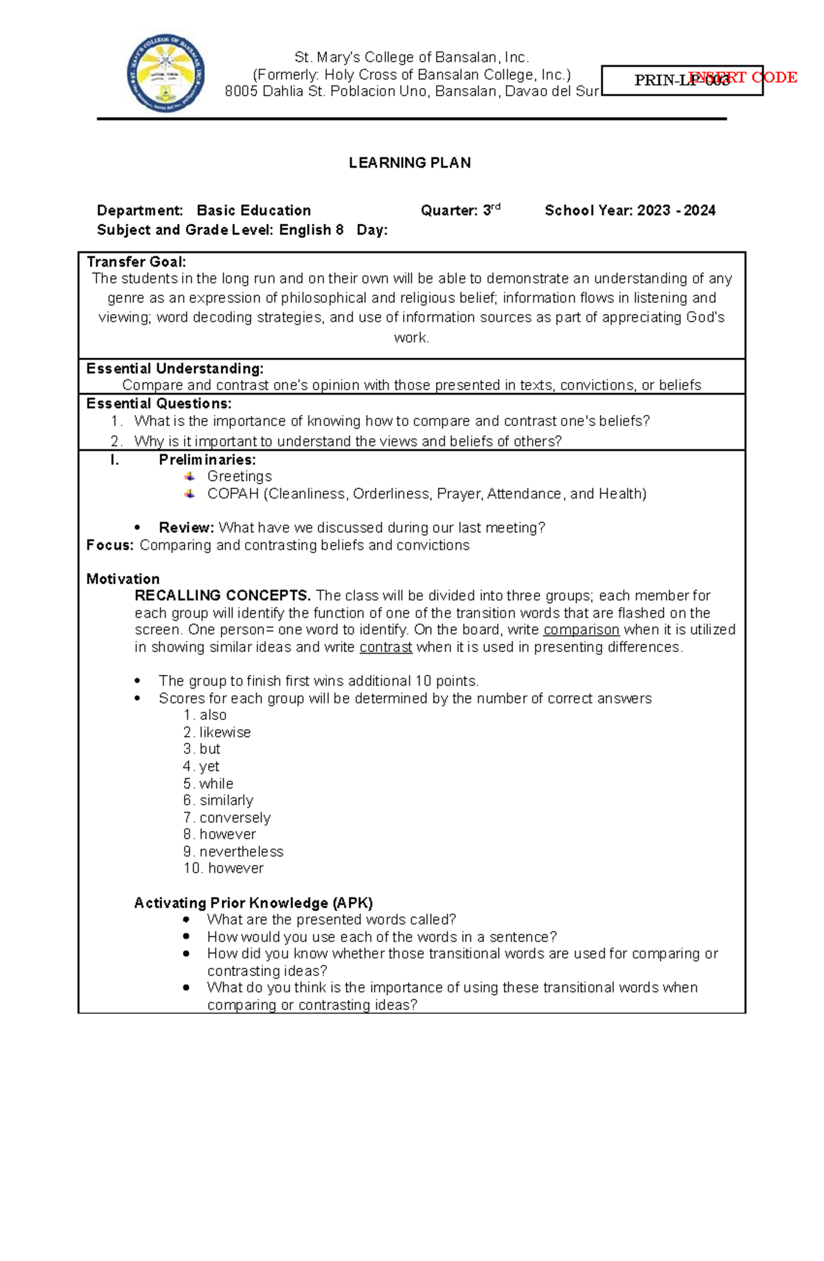 English 8 Lesson Plan: Comparing and Contrasting Beliefs & Ideas - Studocu