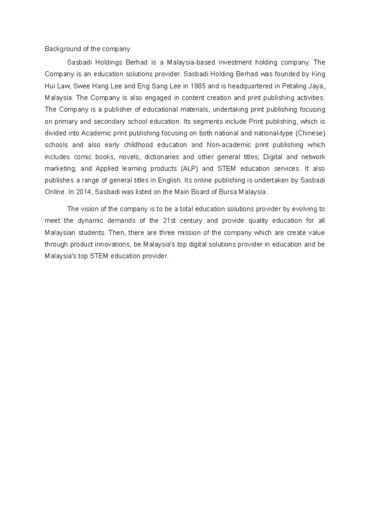 Sasbadi Holdings Berhad: Company Background & Educational Focus - Studocu